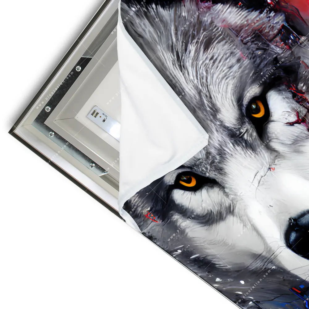 🖼️ LED-Wandbild - Wolf mit bunten Farbspritzern im Querformat