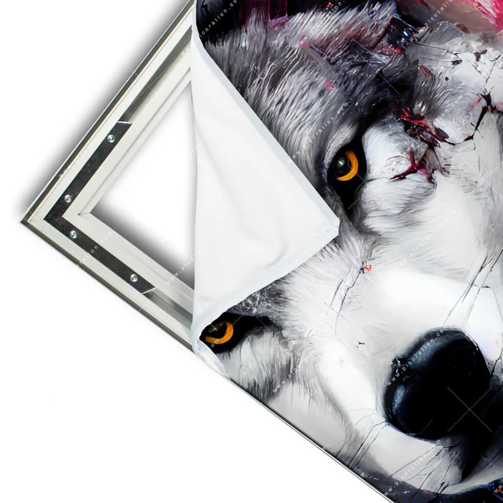 🖼️ XXL-Wandbild - Wolf mit bunten Farbspritzern im Quadrat