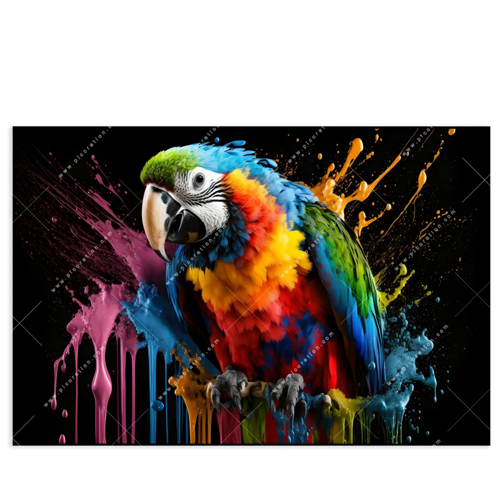 🖼️ XXL-Wandbild - Papagei mit bunten Farbspritzern im Querformat ...